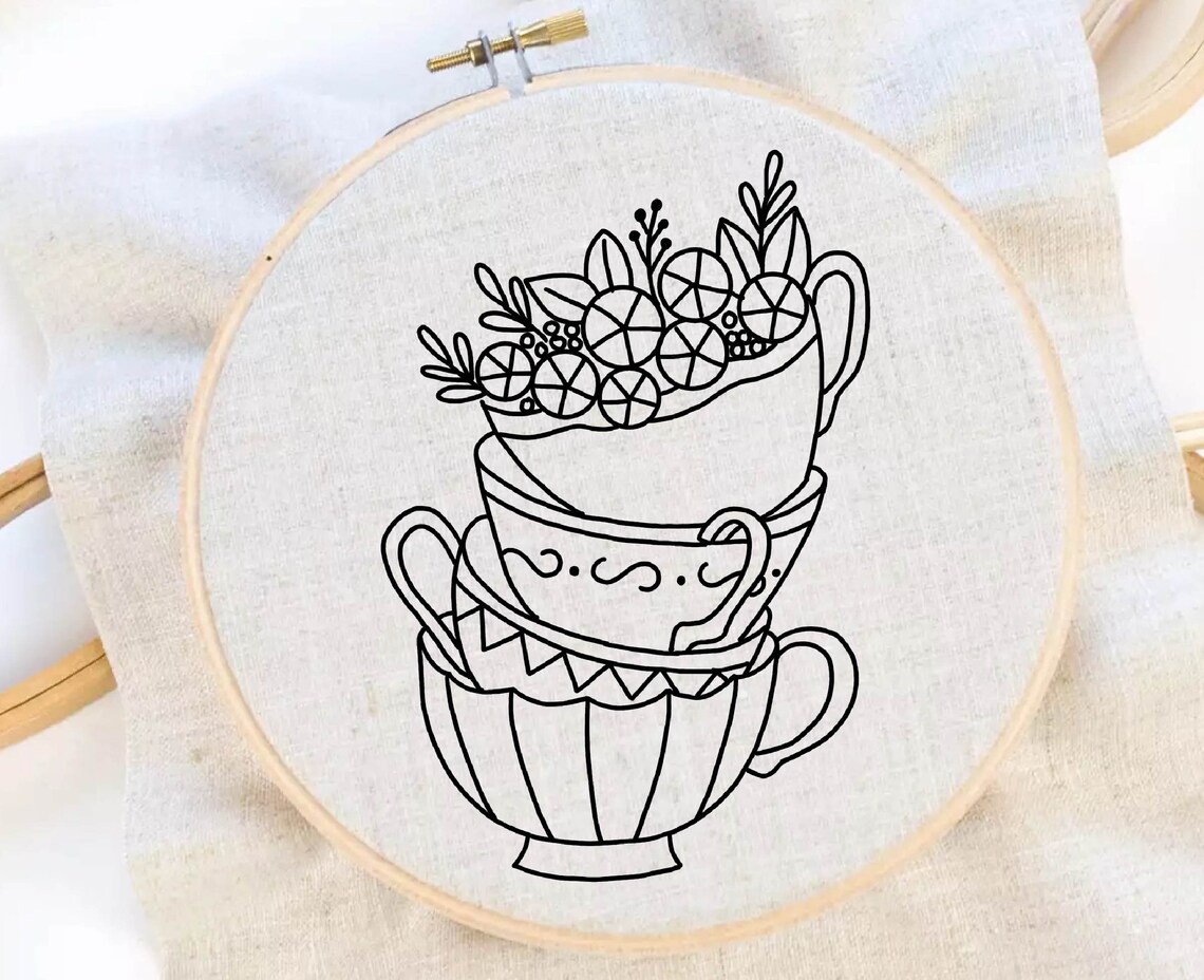 Flower Tea Cups Embroidery Pattern Tea Time Hand Embroidery Tea Cup and ...