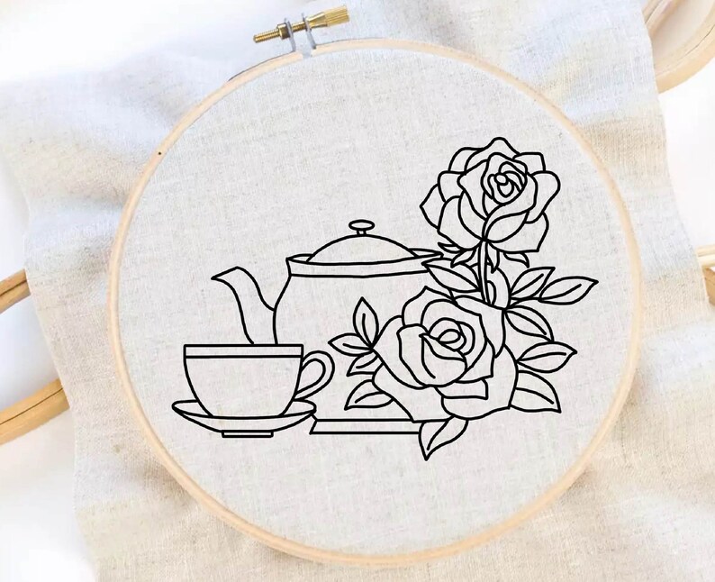 Flower Tea Set Embroidery Pattern Tea Cup Hand Embroidery Tea - Etsy