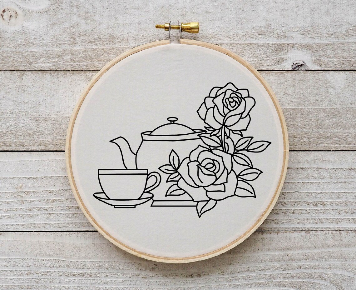 Flower Tea Set Embroidery Pattern Tea Cup Hand Embroidery Tea - Etsy