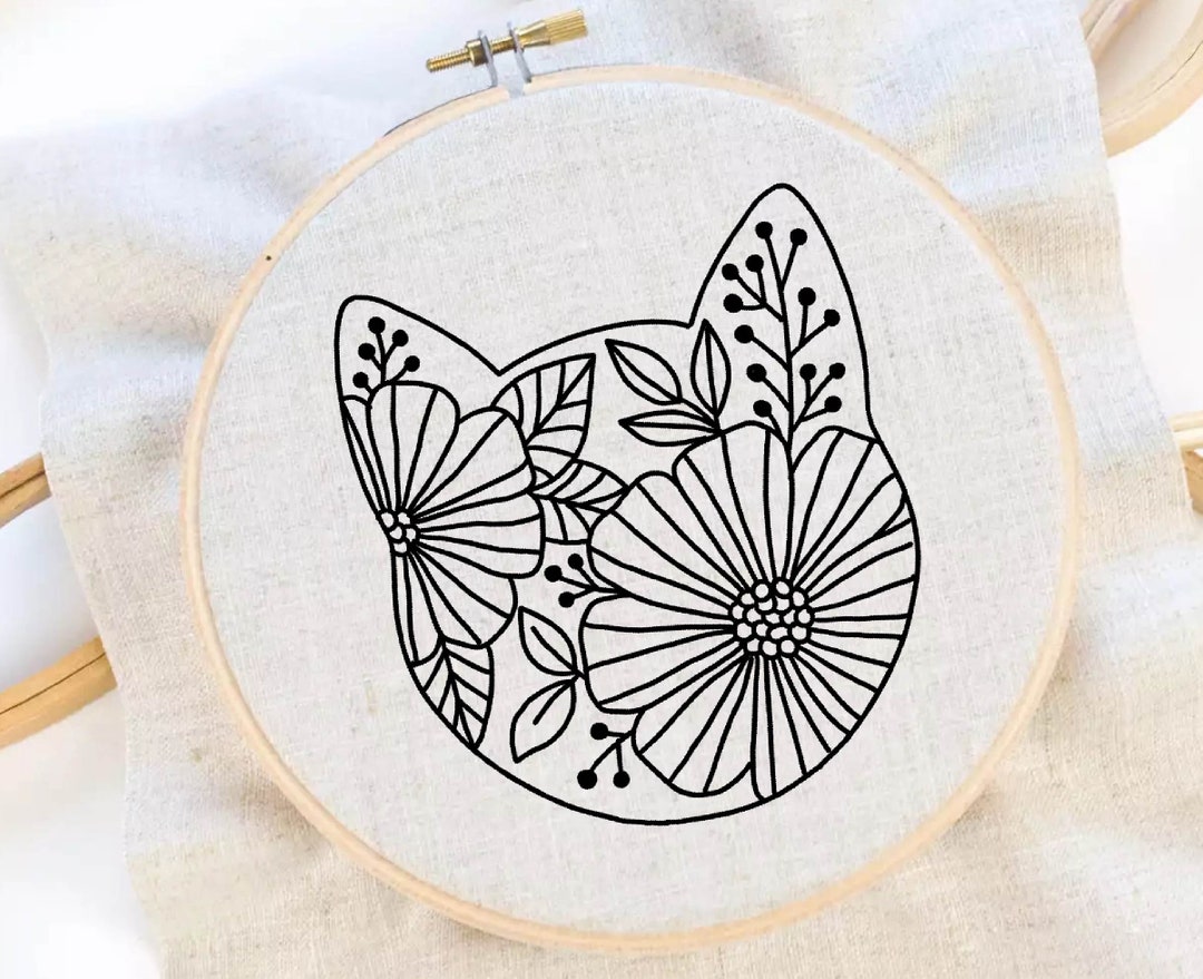 Cat Embroidery Cat Flower Hand Embroidery Cat Plant Hand Embroidery ...