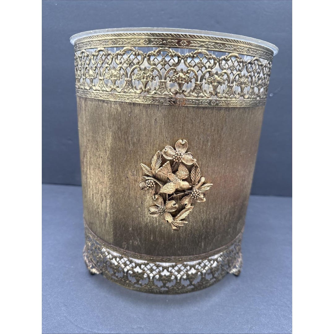 Vtg Hollywood Regency Gold Tone Filigree Trash Basket Can Plastic Liner ...