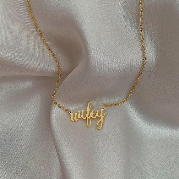 WIFEY. Gold Script Text Pendant Dainty Chain Necklace Wifey Necklace Wife Necklace Romantic Wife Best Friend Hen Do Bride Bridesmaid Etsy