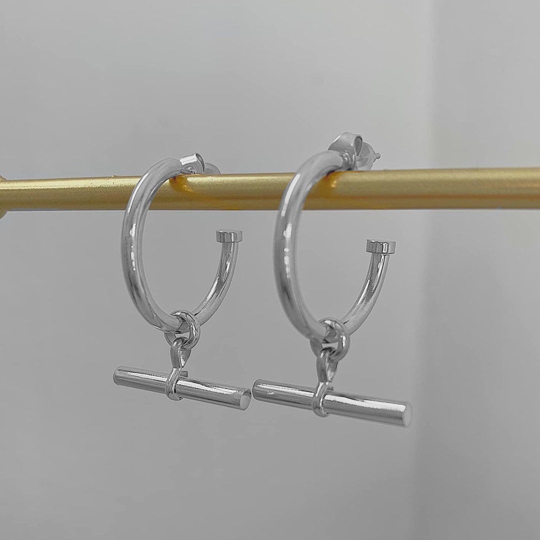TRIDENT. Silver T Bar Hoop Earrings, Silver T Bar Earrings, T Bar Hoop ...