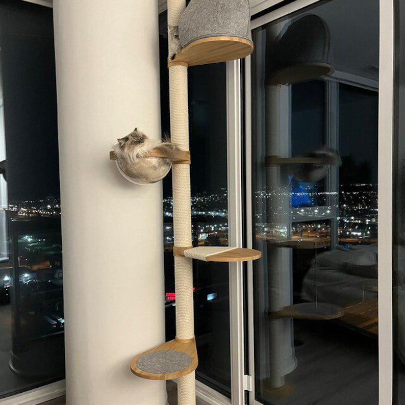 Cat Adjustable Tower, Floor to Ceiling Cat Tree, Wood Cat Tree, Ceiling ...