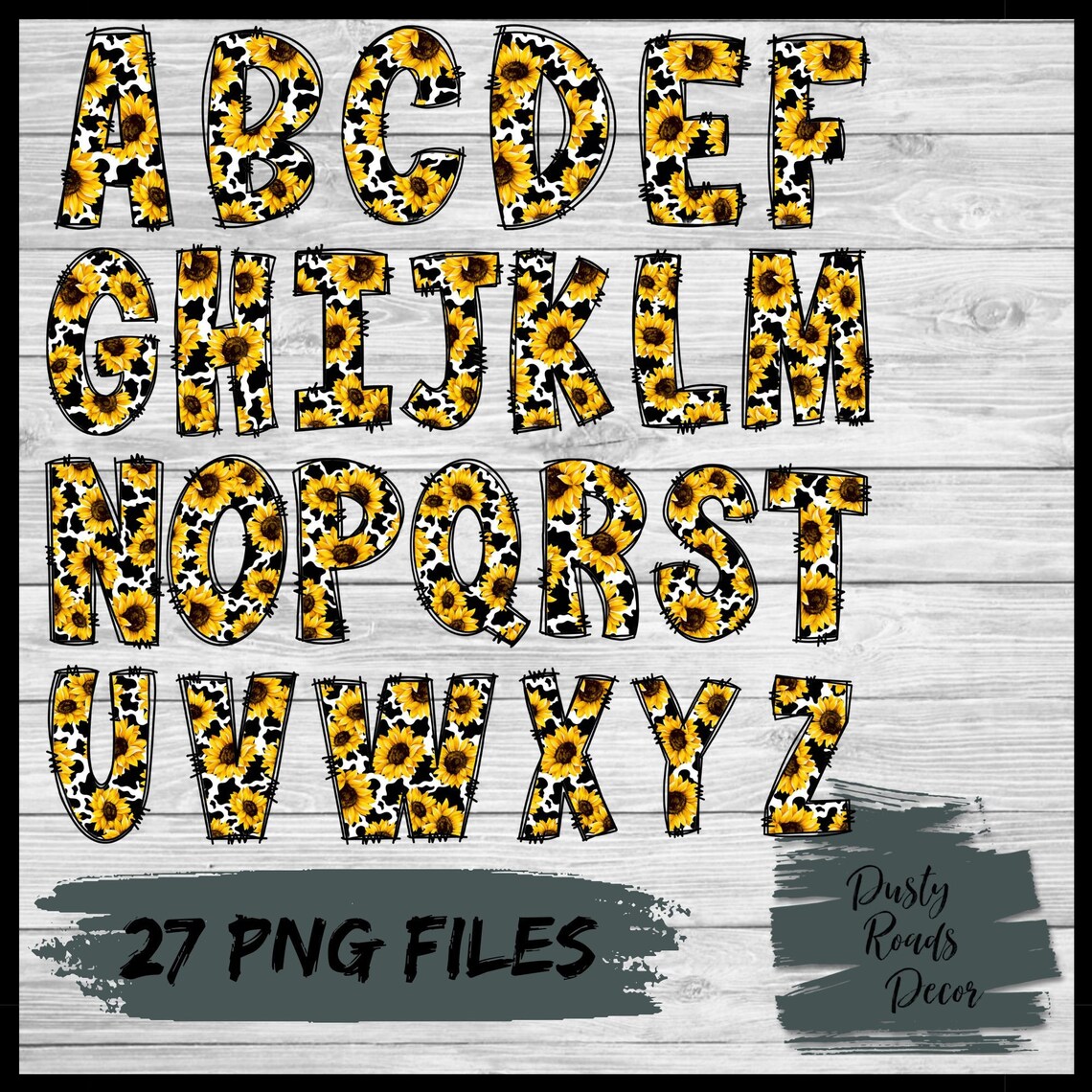 Sunflower and Cow Print Alphabet, Fillable Doodle Letters, Upper Case ...