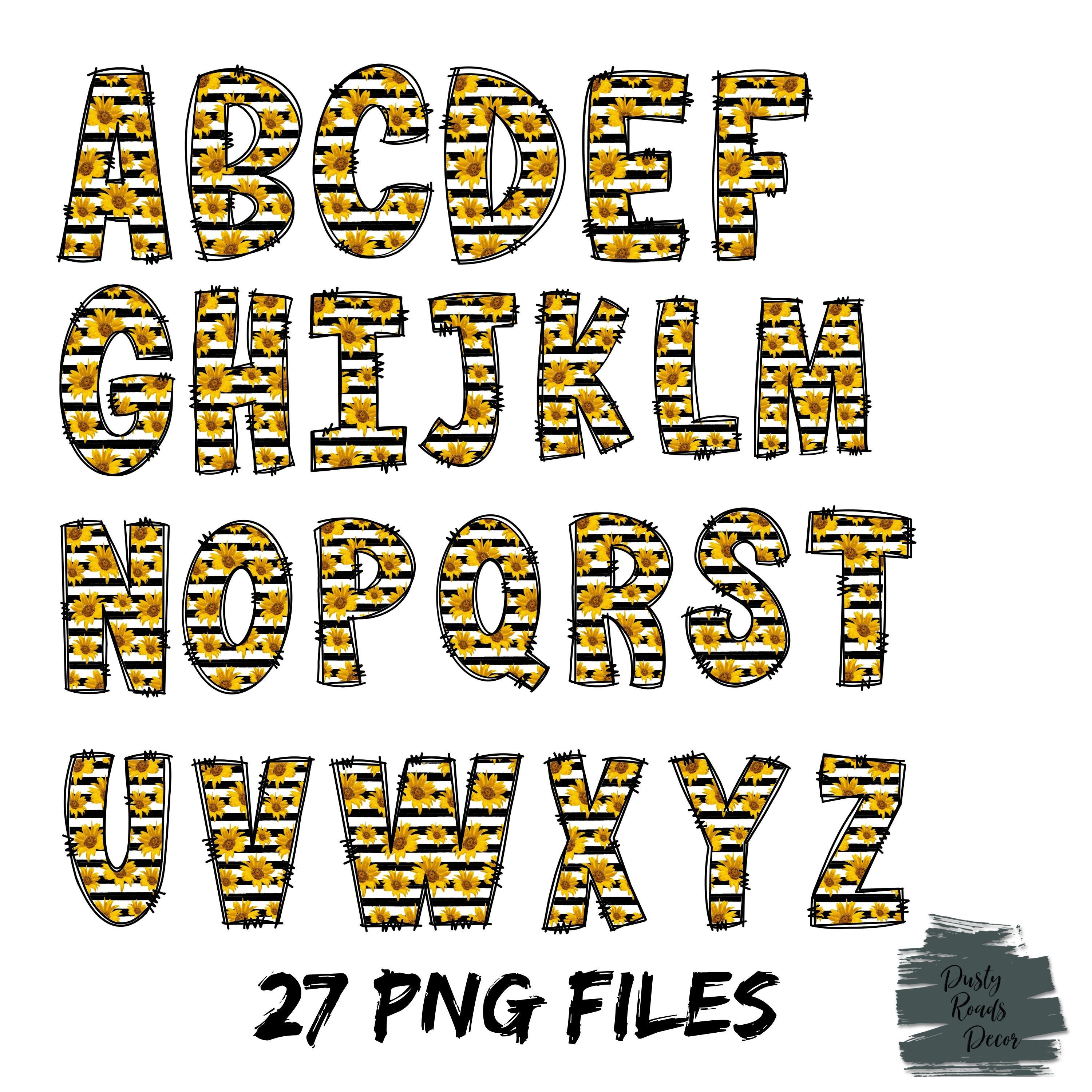 Sunflower and Stripes Alphabet, Fillable Doodle Letters, Upper Case ...