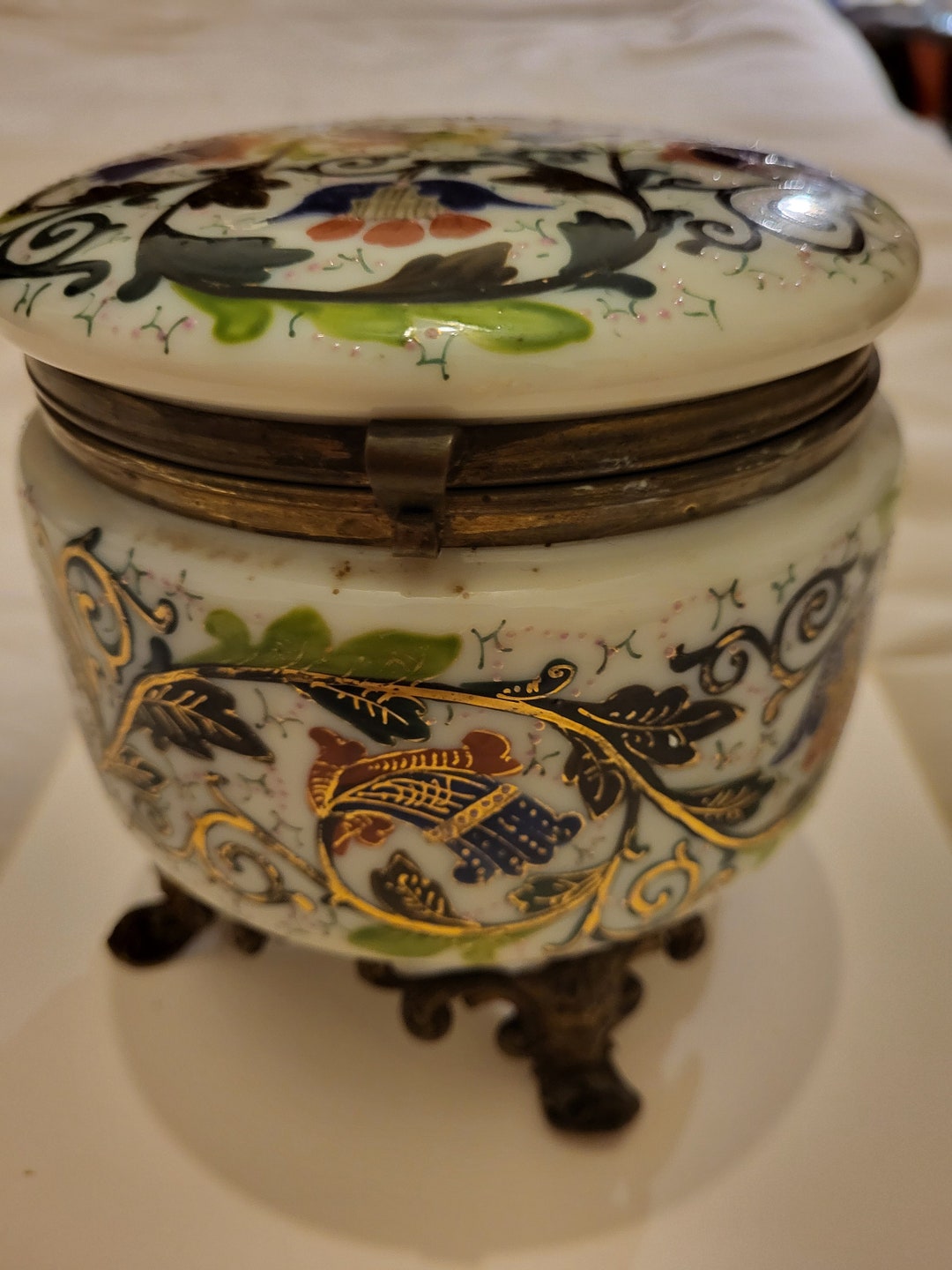 Antique Hand Painted Vasaline Glass Pot on Gilt Metal Stand. Rare Find ...