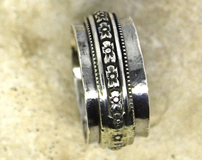 Sterling Silver Layered Ring With Floral Spinner Band, Meditation Ring ...