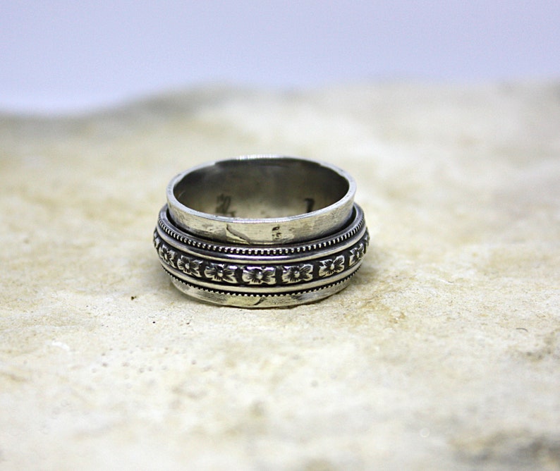 Sterling Silver Layered Ring With Floral Spinner Band - Etsy