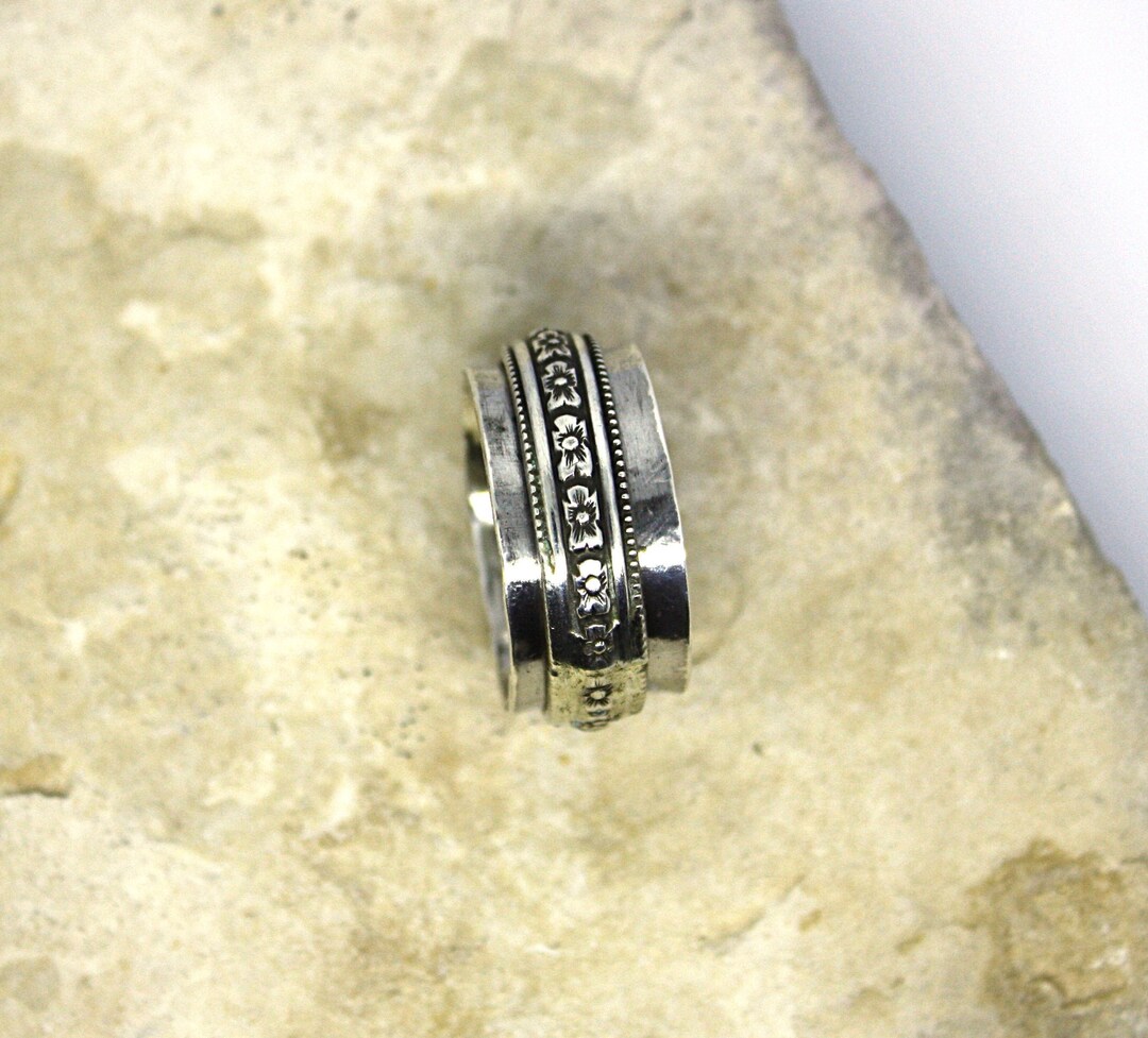 Sterling Silver Layered Ring With Floral Spinner Band, Meditation Ring ...