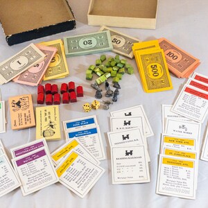 Vintage Monopoly Boxed Game Pieces, Wood Houses, Money, Property Cards ...
