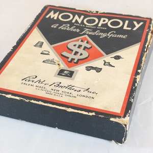 Vintage Monopoly Boxed Game Pieces, Wood Houses, Money, Property Cards ...