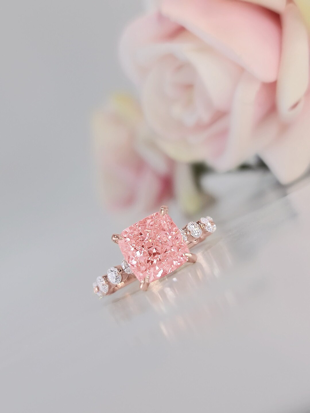18K Rose Gold Pink Cushion Diamond Engagement Ring, CVD Diamond, IGI ...
