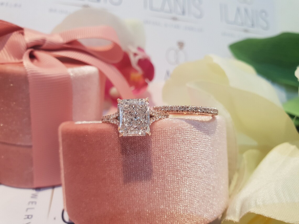 Unique Engagement Ring Set 3 Ct Radiant Diamond Engagement | Etsy