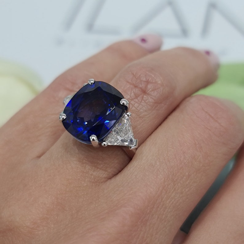 Victorian Engagement Ring | 12 Carat 14K White Gold Blue Sapphire Elongated Cushion With 1.30ct ...