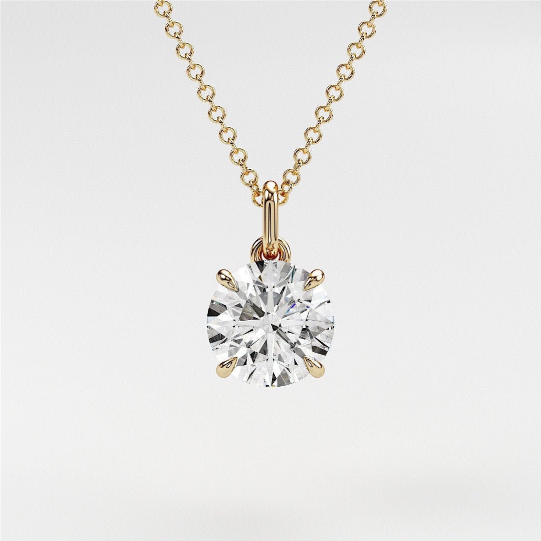 2 Ct Diamond Pendant, 14k Yellow Gold Lab Diamond Necklace, Solitaire ...