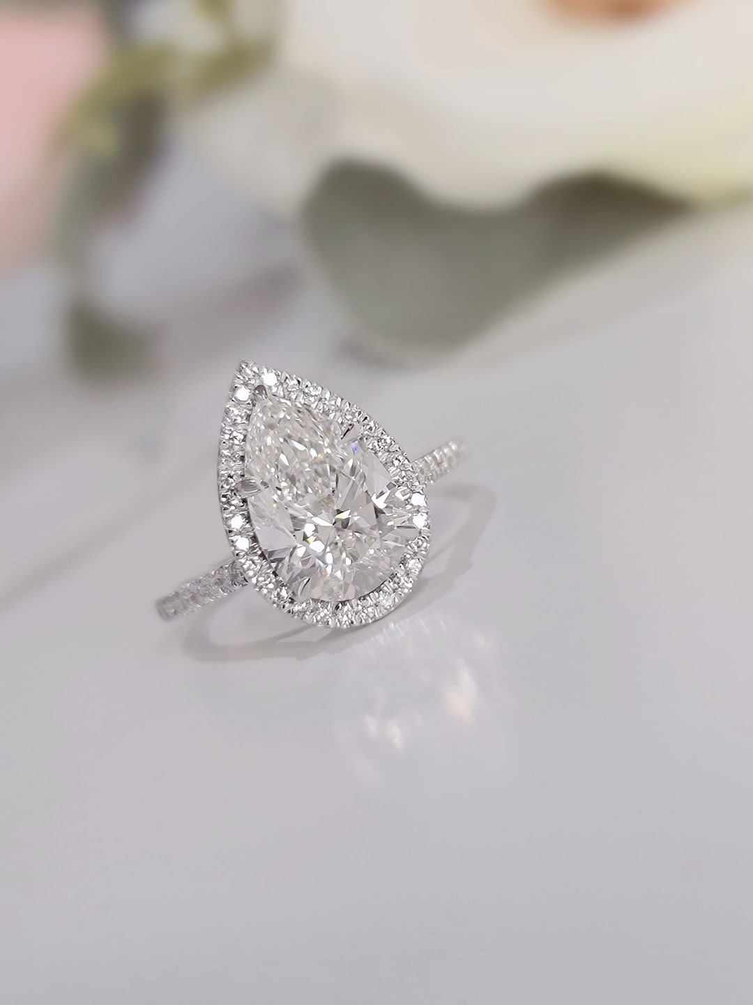 3 Carat Teardrop Diamond Engagement Ring, Pear Cut Halo Diamond Ring ...