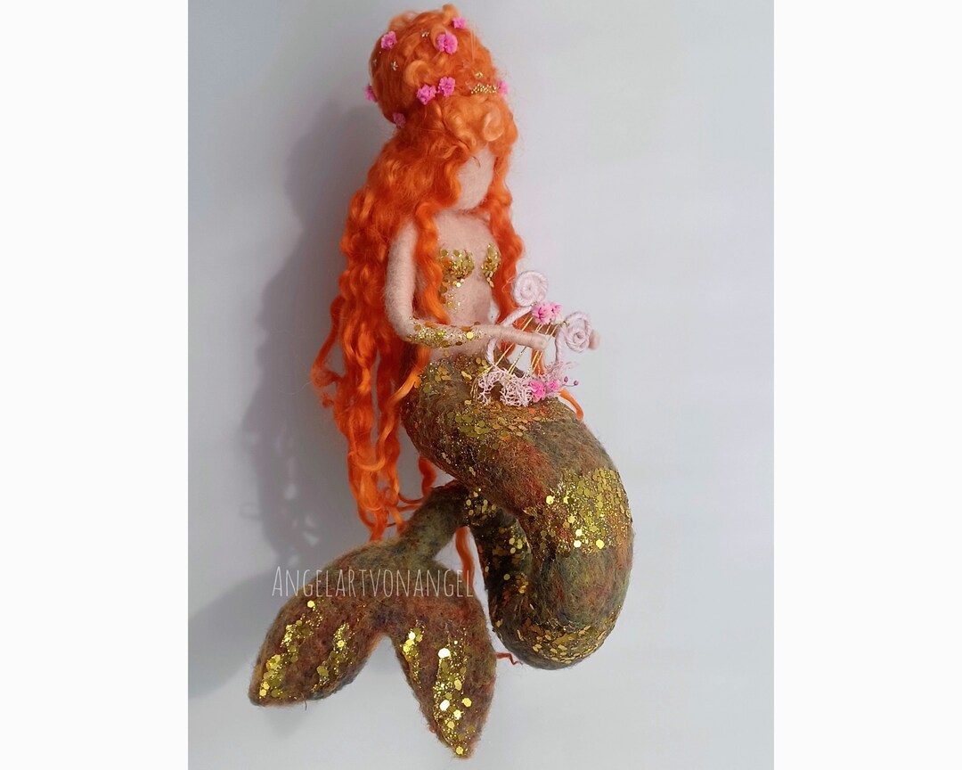 Mermaid Playing the Harp, Needle Felted, Redhaired Mermaid,siren ...