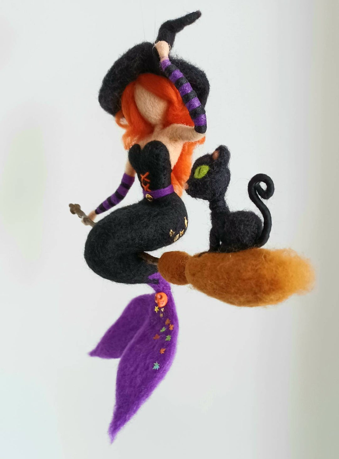 Halloween Mermaid witch on a Broom With Black Cat, Needle Felted ...
