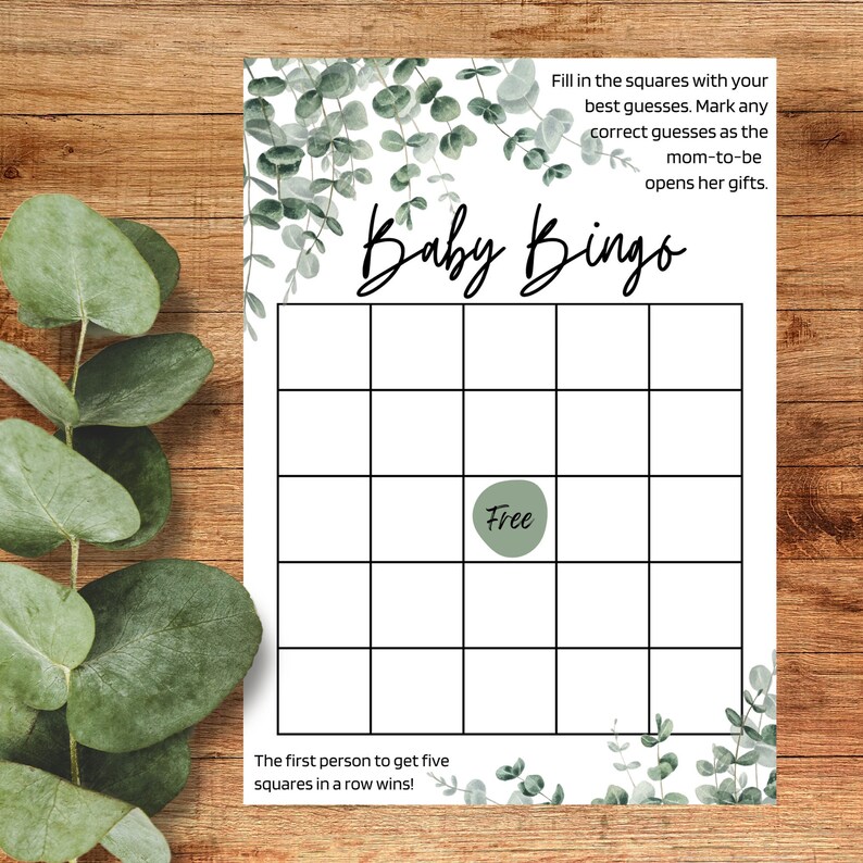 Baby Shower Bingo Game Template Eucalyptus Printable Digital Download ...