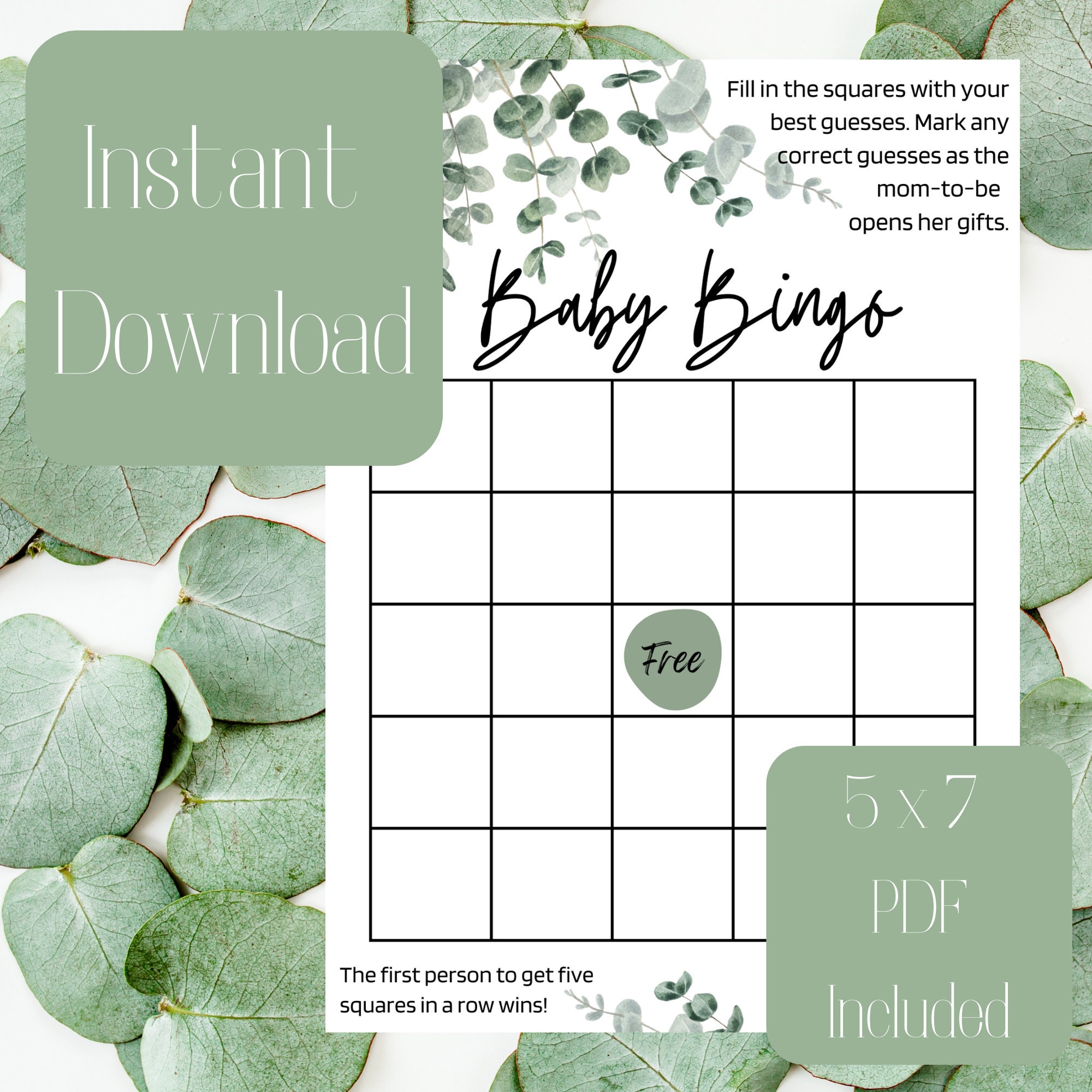 Baby Shower Bingo Game Template Eucalyptus Printable Digital Download ...