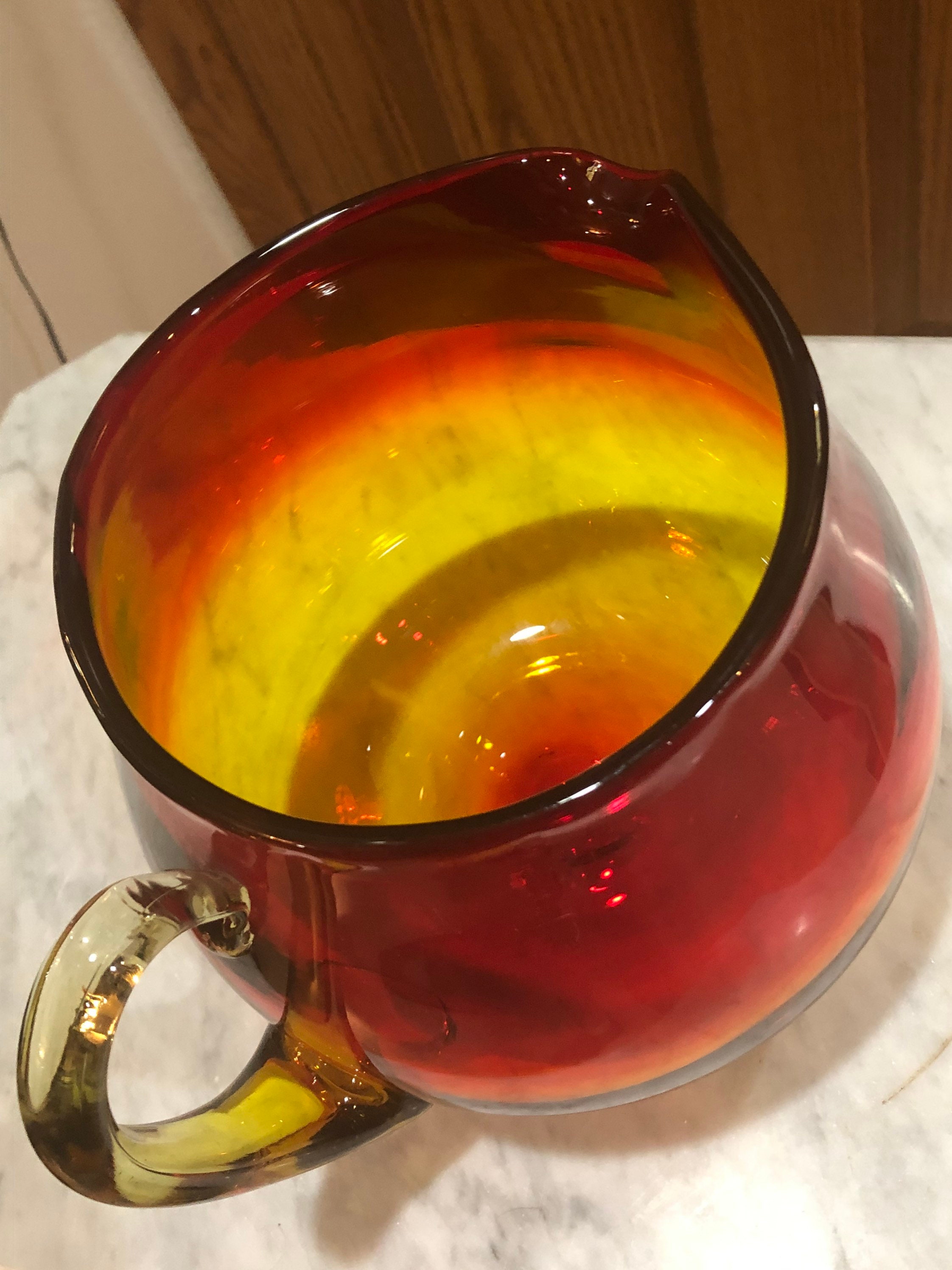 Vintage Blenko Amberina Hand Blown Glass Pitcher Applied Amber Handle 7 ...