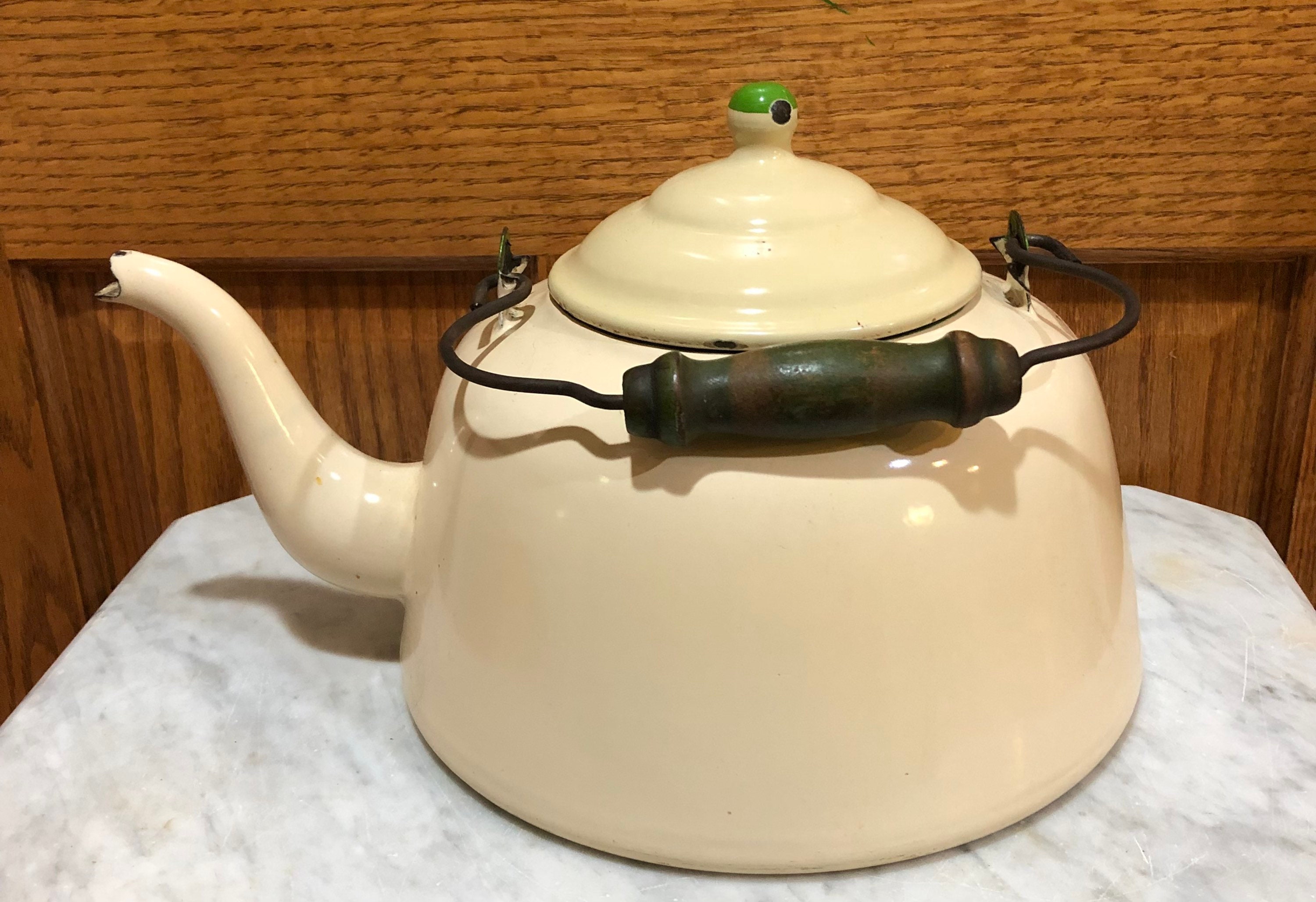 Vintage Wood Handled Enamelware Teapot great for Repurpose | Etsy