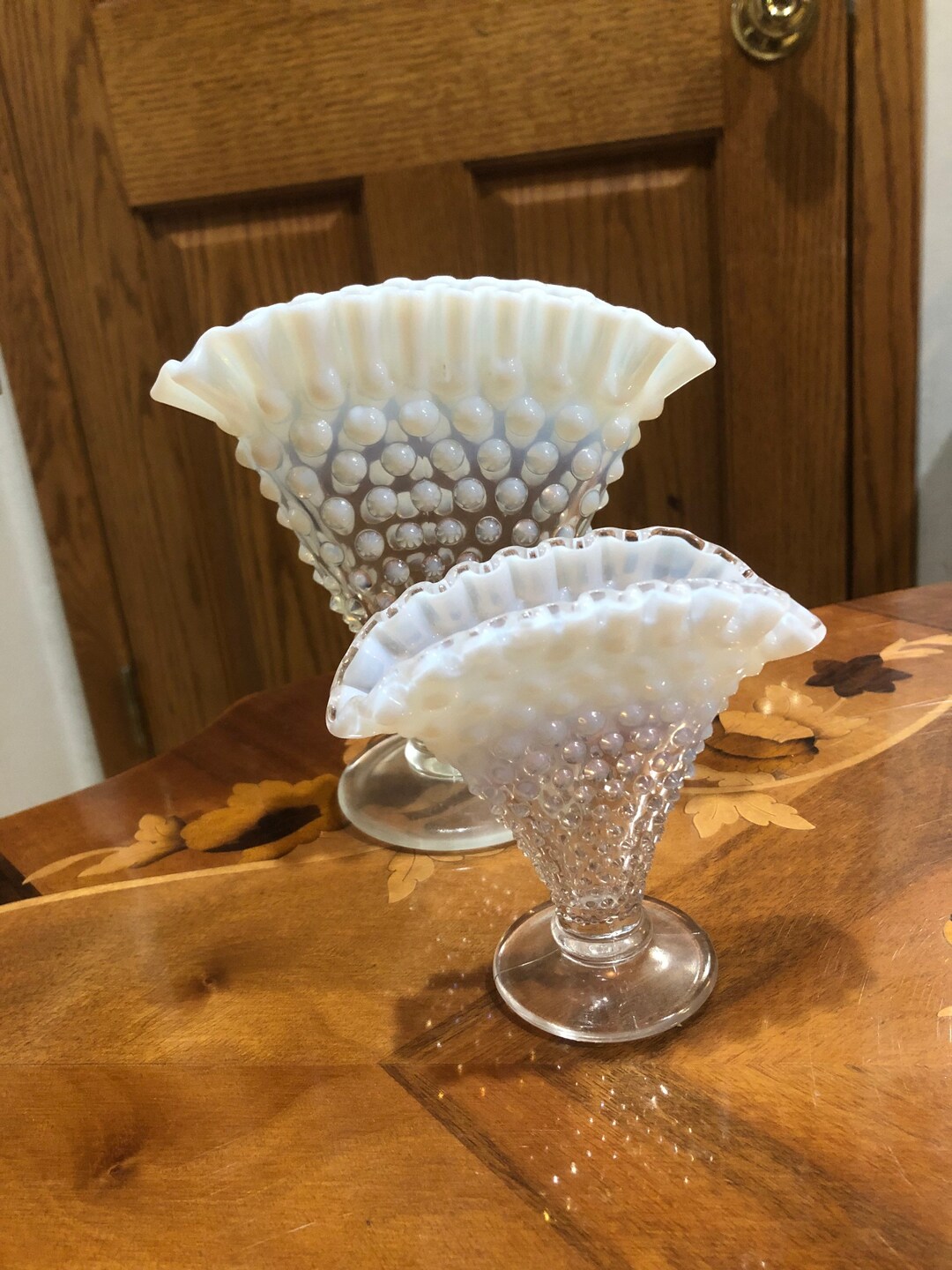 Pair off Vintage Mid-century MCM Fenton Hobnail Opalescent Moon Glass ...