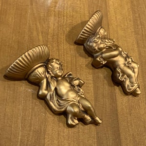 Pair of Vintage 1968 C.A.P. Chalkware Cherubs Gold Paint Wall Hangings ...