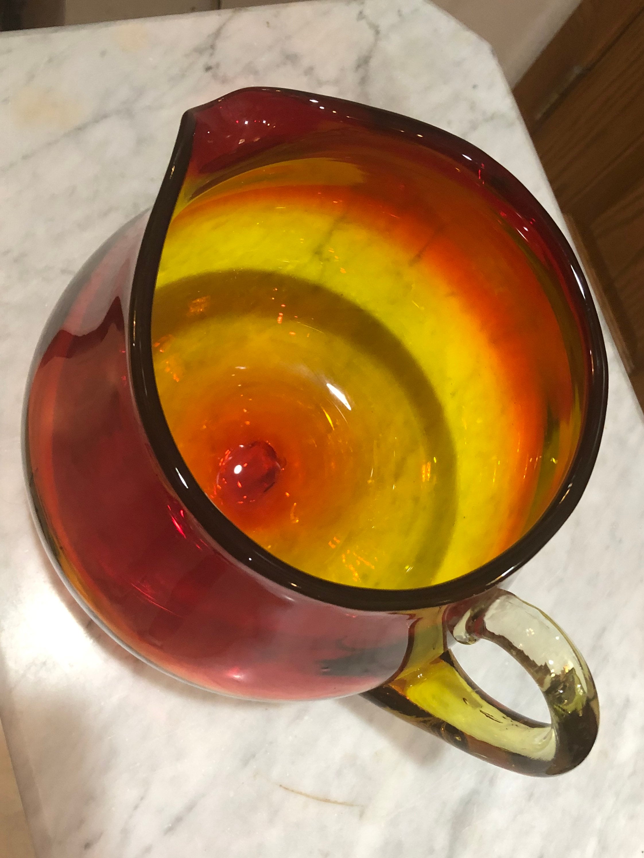 Vintage Blenko Amberina Hand Blown Glass Pitcher Applied Amber Handle 7 ...