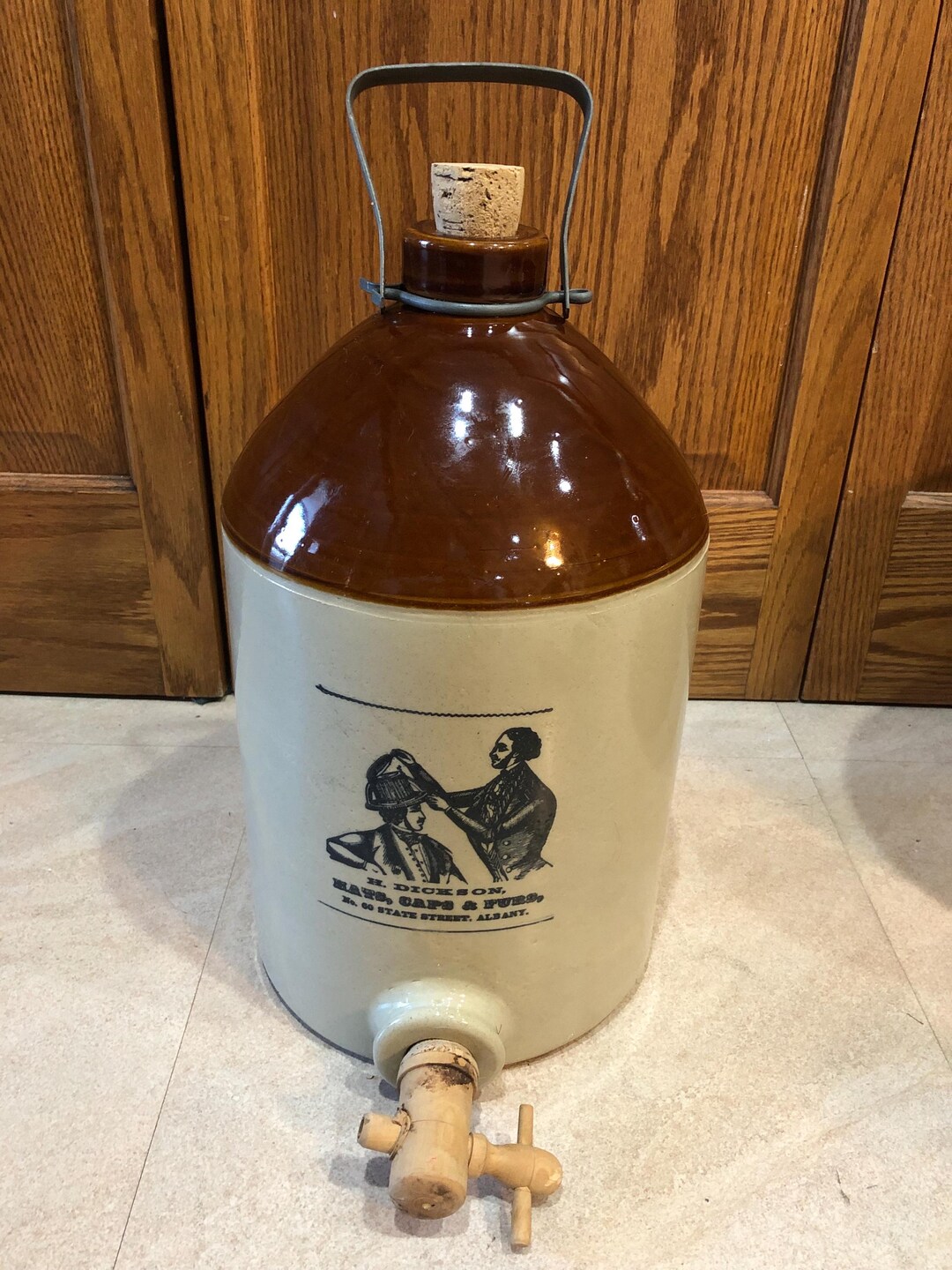 Vintage Stoneware Water Cooler Advertising Jug H. Dickson Hats, Caps, and Furs No.60 State ...