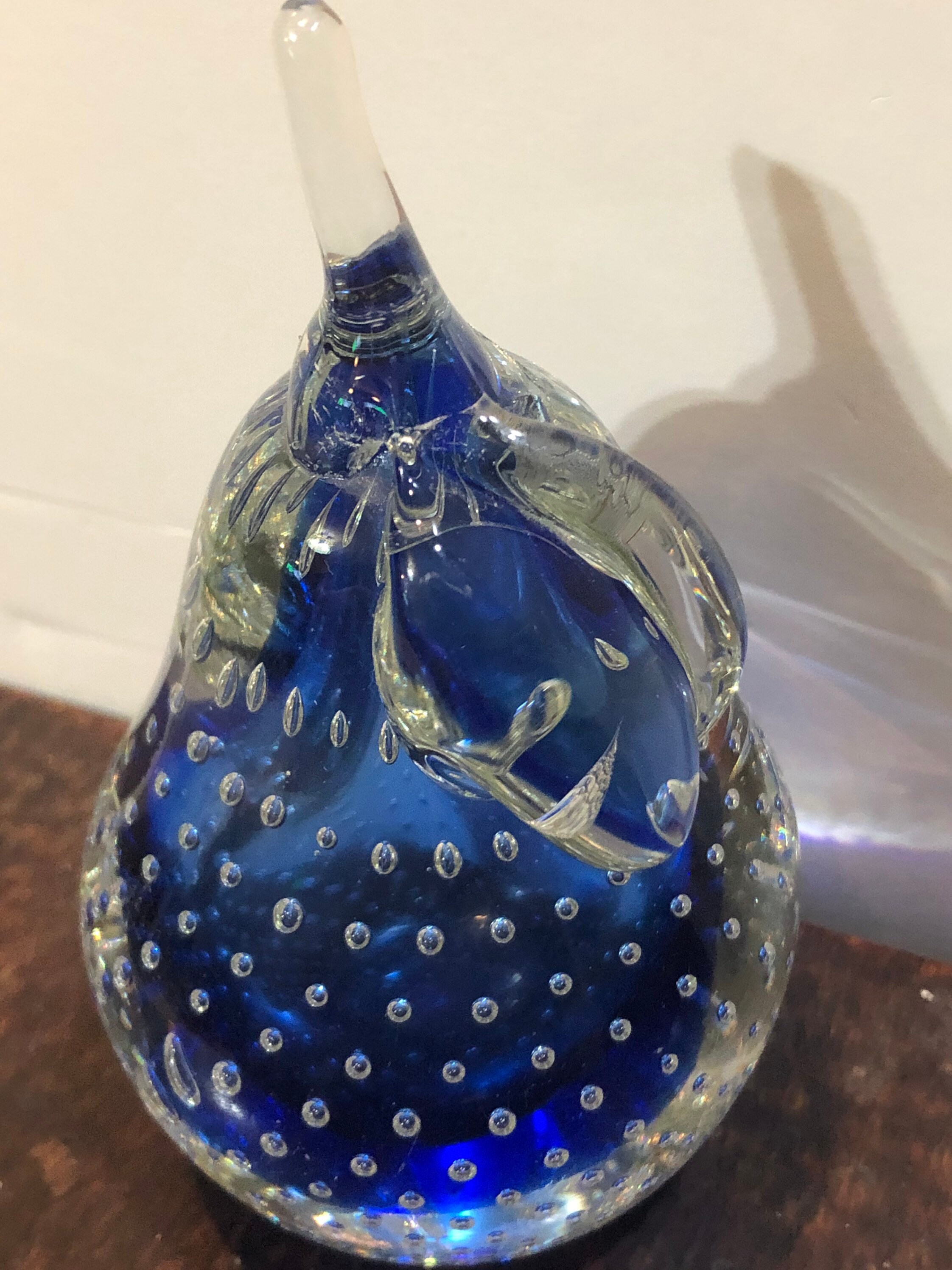 Beautiful Hand Blown Art Glass Pear Paperweight Controlled Bubble Navy ...
