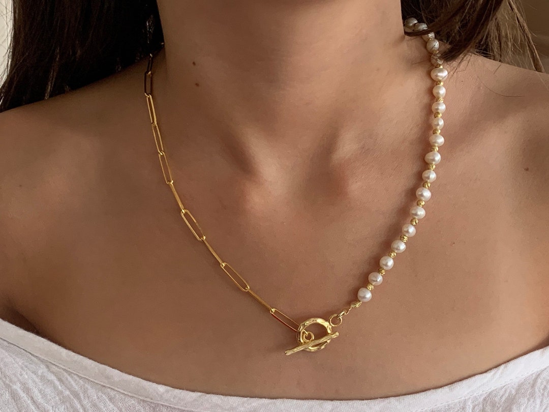 Half Pearl Half Paperclip Necklace 925 Sterling Silver - Etsy