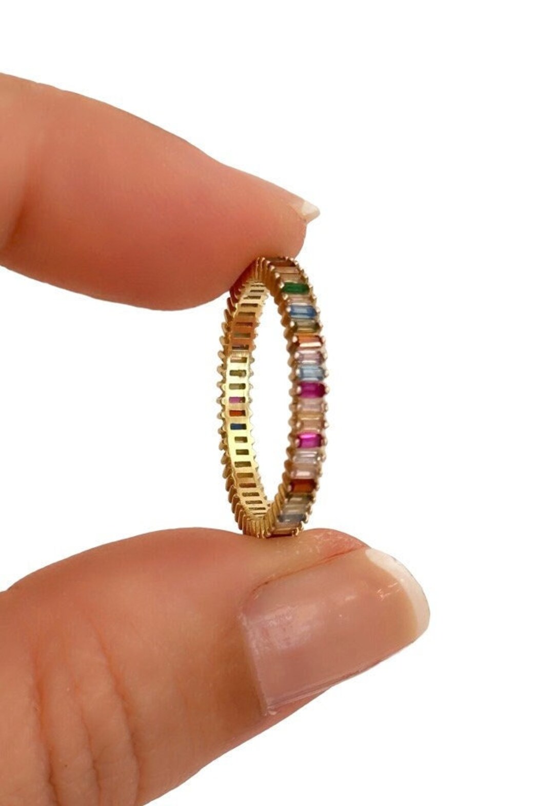 Multicolor Baguette Ring, CZ Stone Rings, Colorful CZ Ring, Diamond ...