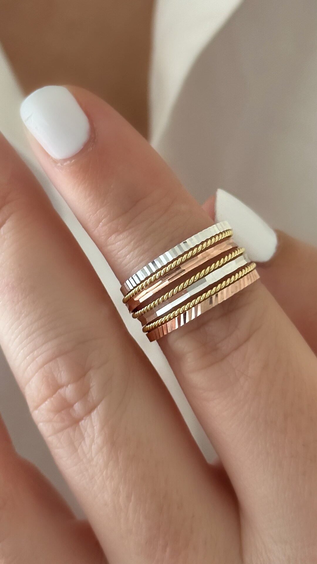 10mm 7 Seven Days Stack Band Ring Set 14K Tricolor Gold Rose Sterling ...