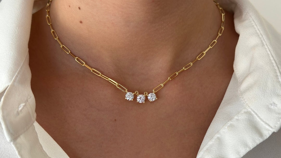 3 Diamond Solitaire Necklace, Trio Diamond Necklace, Three Diamonds Solitaire, Layering Chain ...
