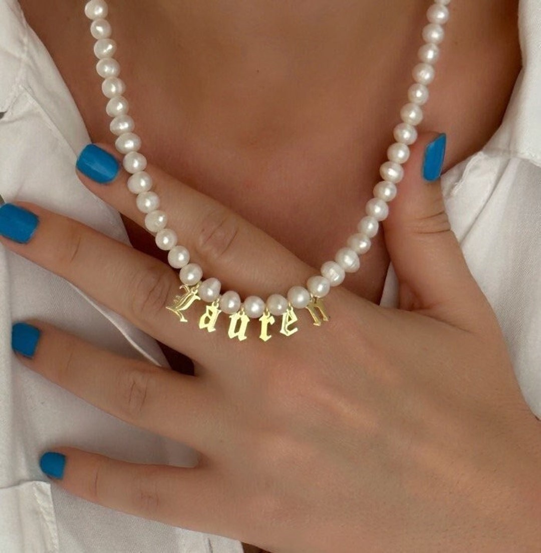 Pearl Name Necklace, 14K Gold Old English Name Necklace, Freshwater ...