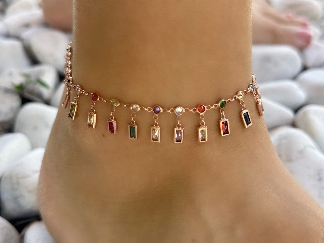 Dangle CZ Stone Anklet, Crystal Diamond Anklet, Dangle Gemstone Anklet, Summer Gift, Beach ...
