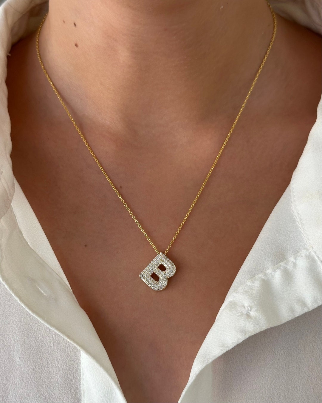 Bubble Initial Necklace, CZ Initial, Thick Letter Alphabet Pendant Necklace, Personalized Gifts ...