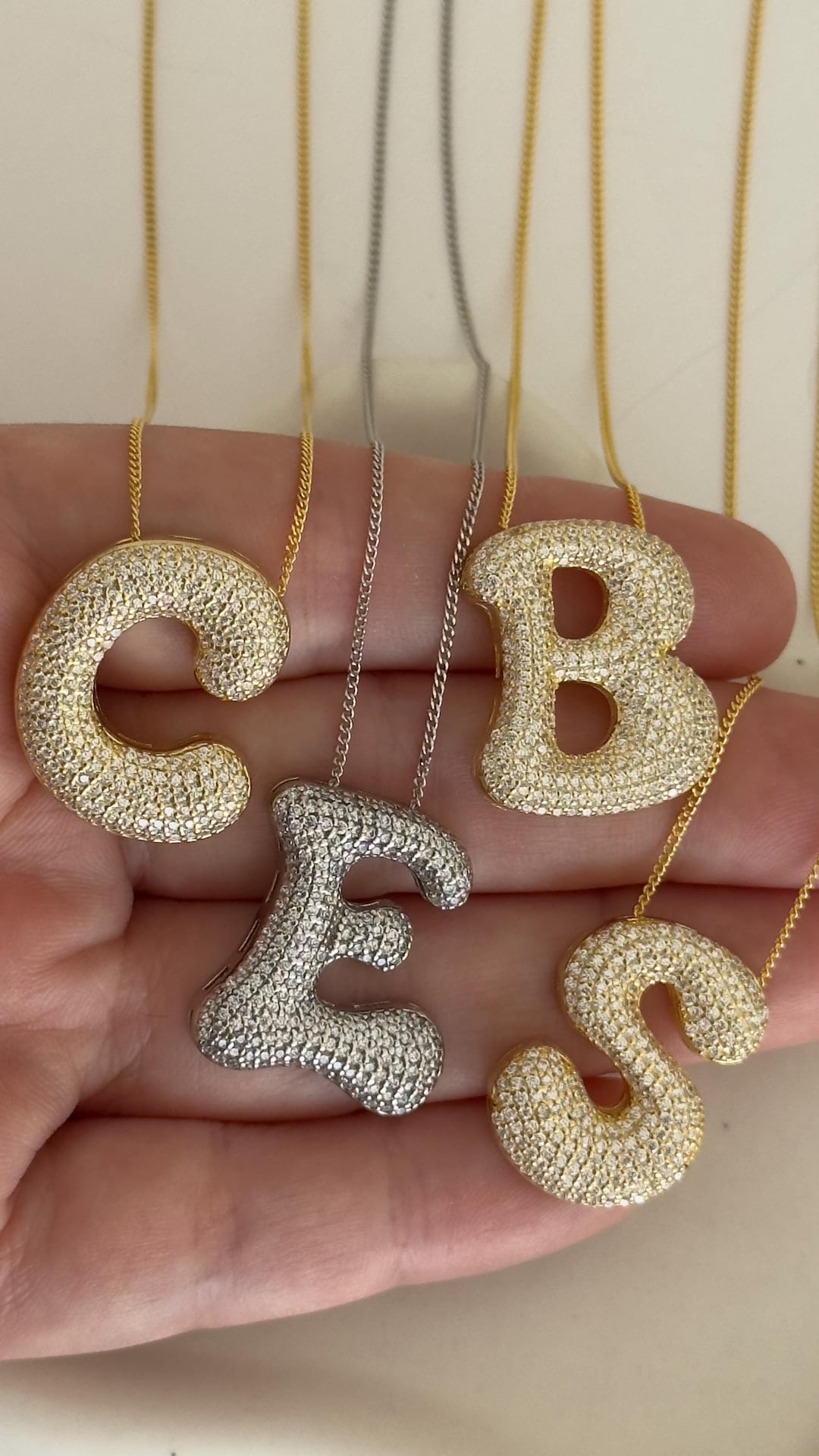Bubble Letter Necklace, Jumbo Large CZ Diamond Initial Pendant, Big ...