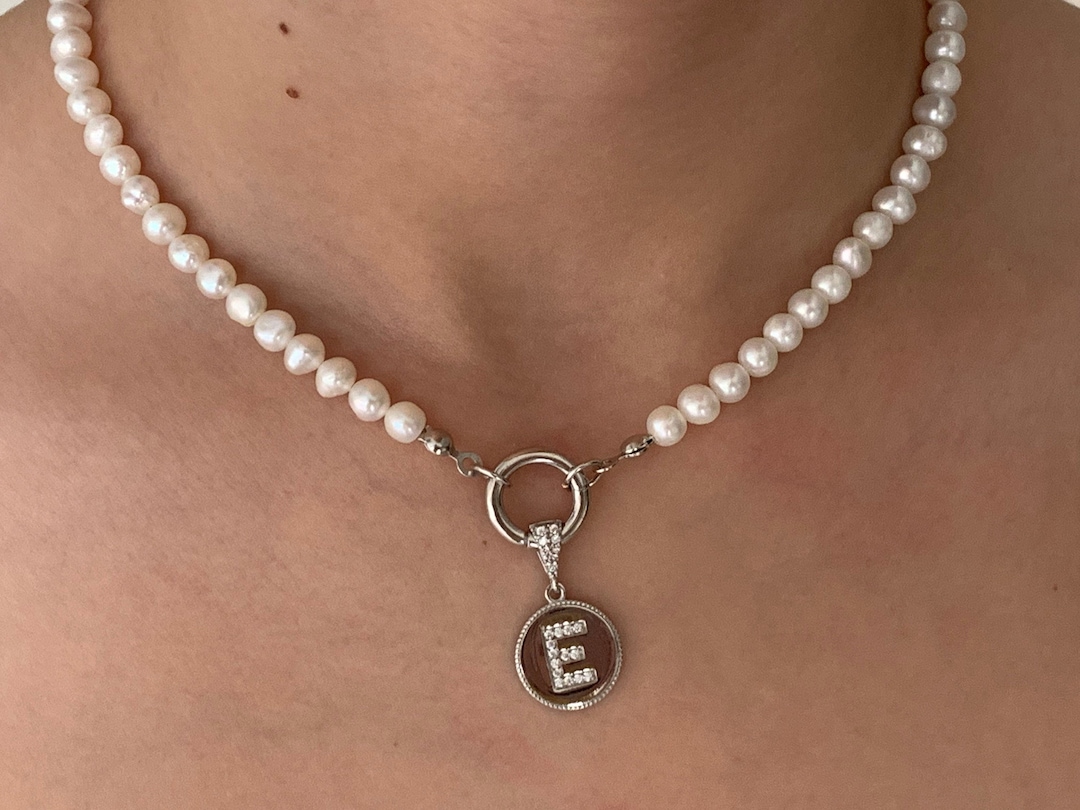 Initial Pearl Necklace, Pearl Letter Choker, Custom CZ Stone Pendant ...