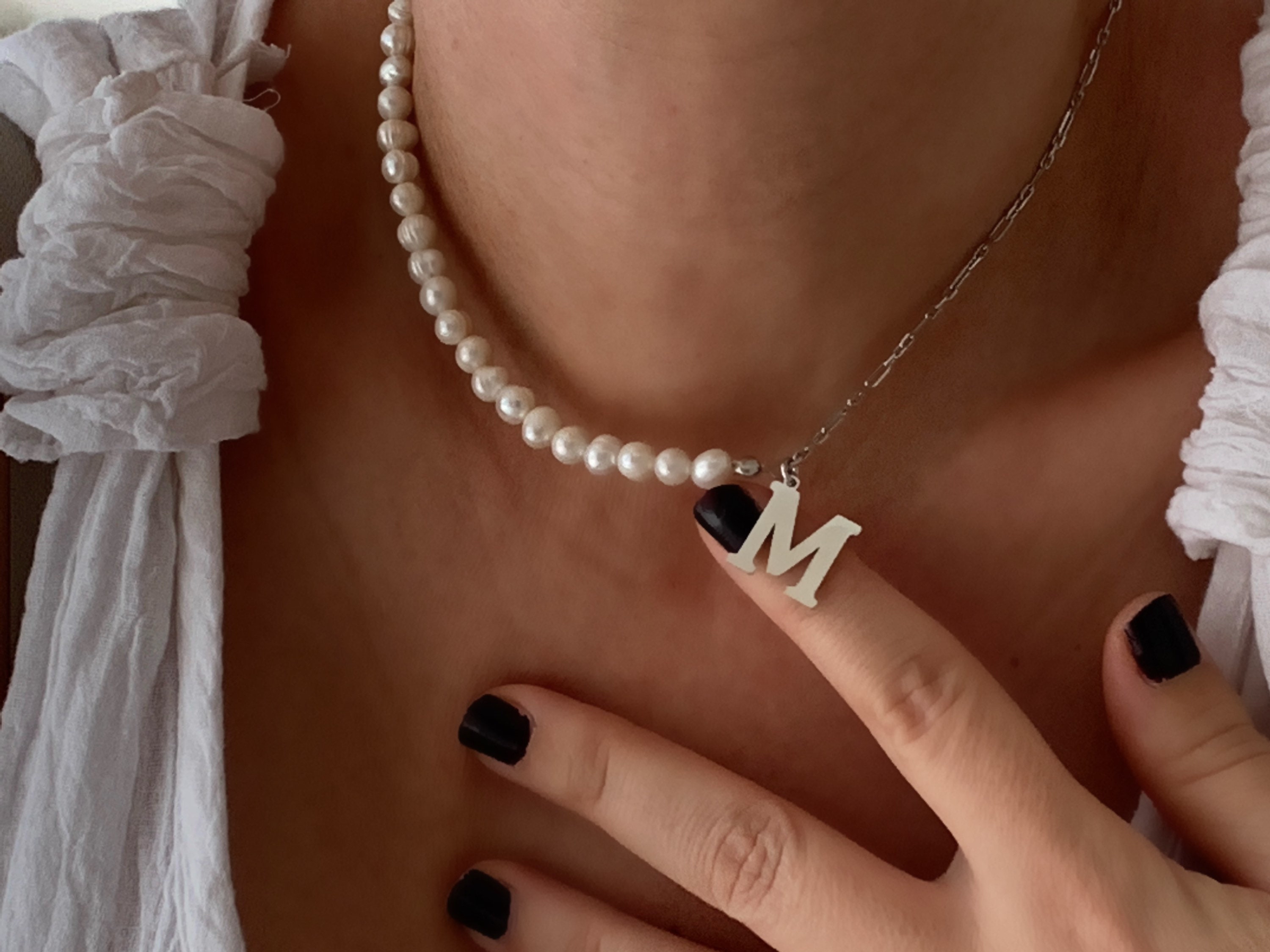 Pearl Name Necklace Half Pearl Half Chain Initial Pearl - Etsy