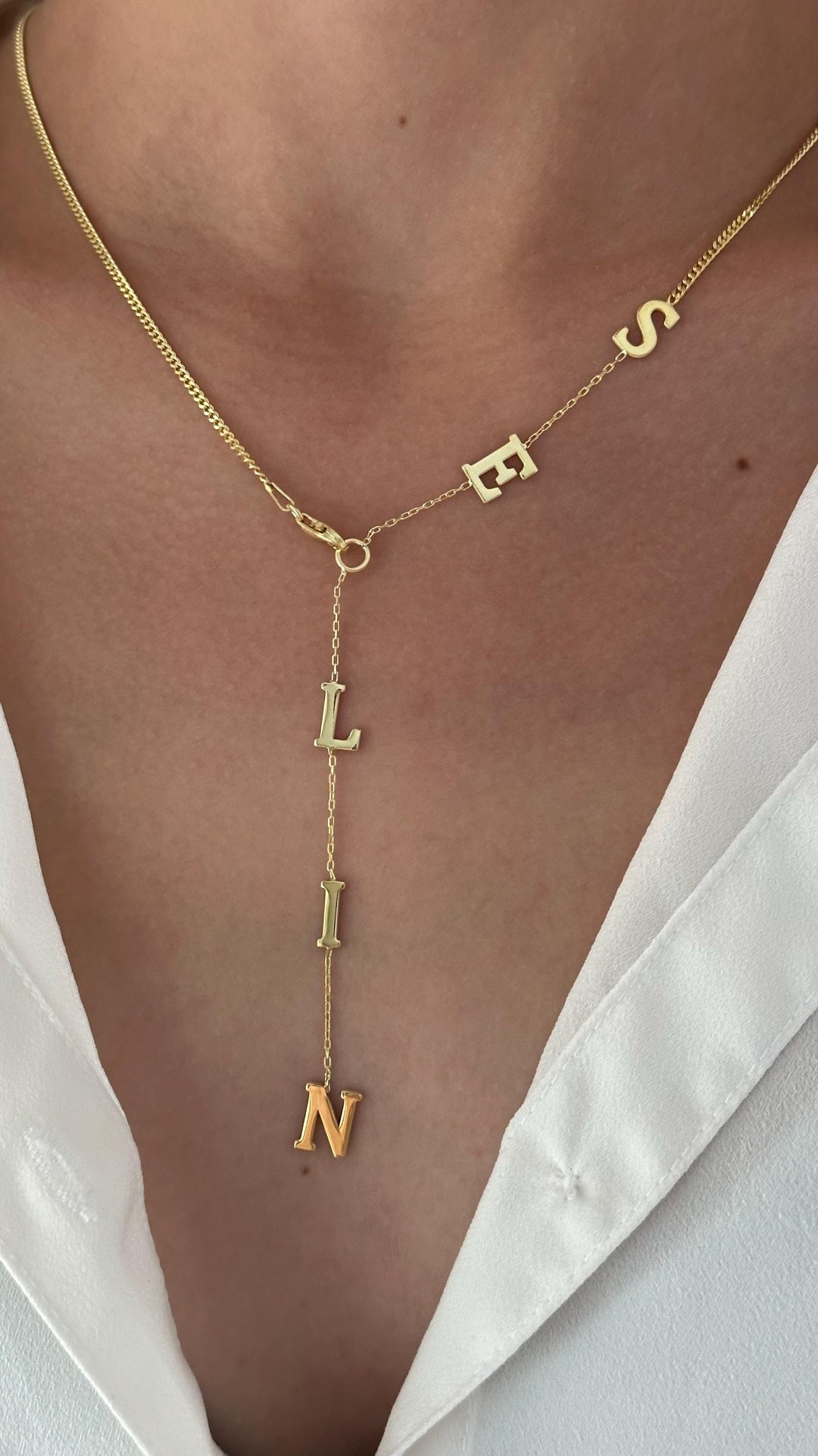 Dainty Name Necklace, Lariat Necklace, Drop Name Necklace, Long Y ...