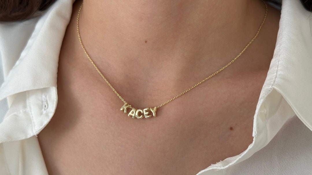 Bubble Letter Necklace 14k Gold, Cute Name Necklace, Balloon Initial ...