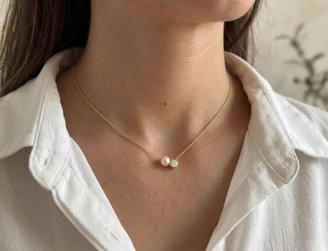 Freshwater Pearl Necklace, CZ Solitaire Diamond Pendant, 925 Sterling ...