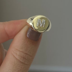 Custom Signet Ring Women, Initial Letter Ring, 14k Gold Rose Silver, CZ ...