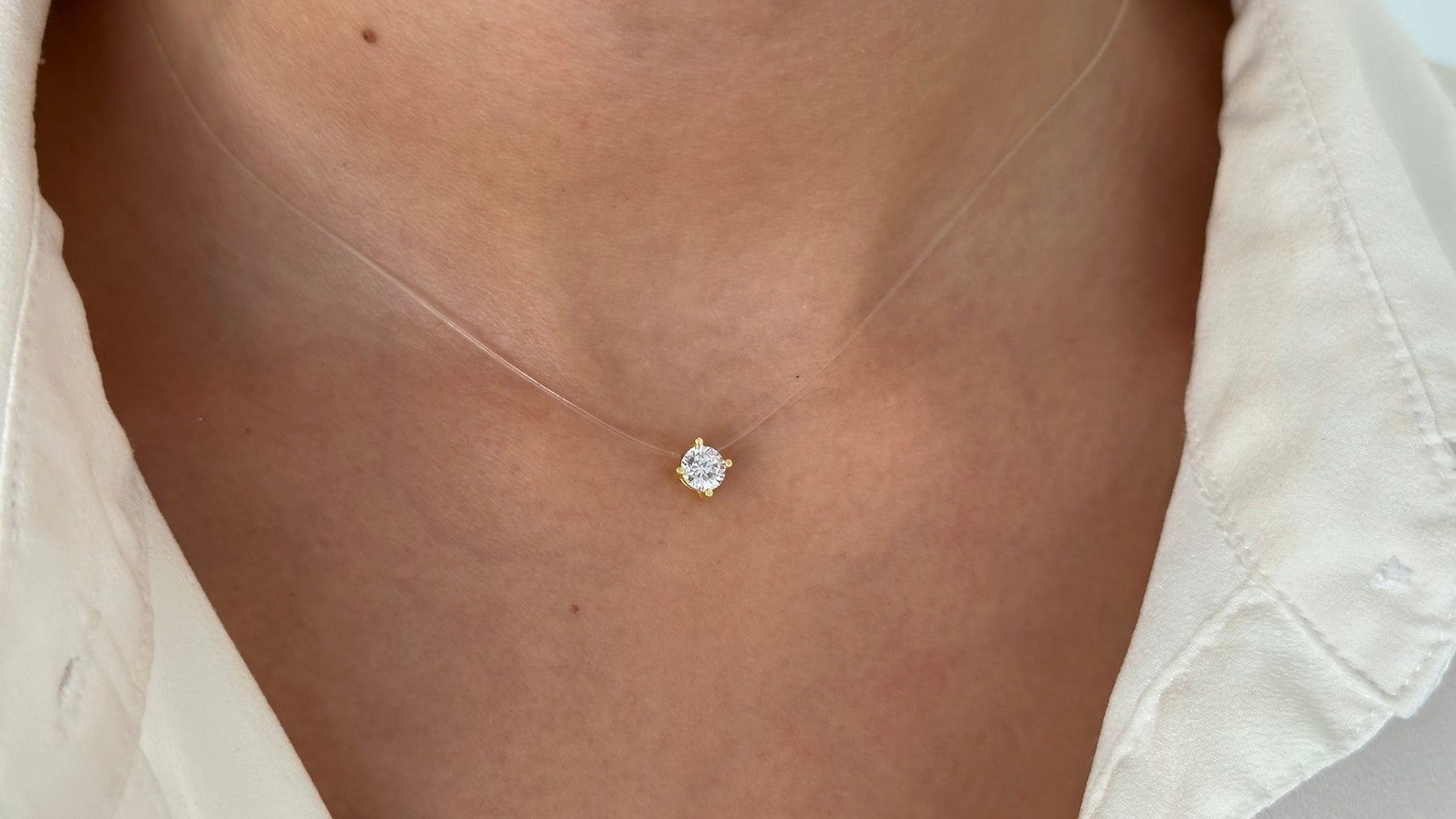 Single Solitaire Invisible CZ Diamond Necklace, Crystal Floating ...
