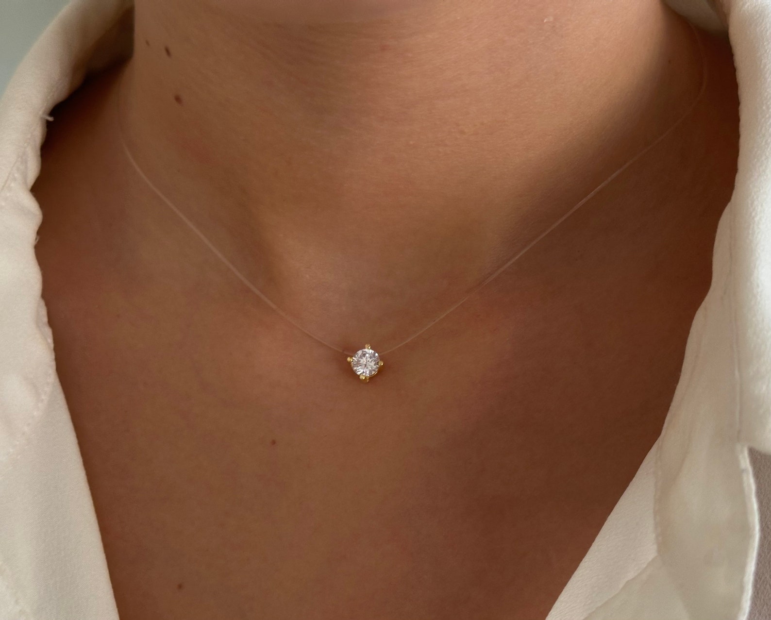 Single Solitaire Invisible CZ Diamond Necklace, Crystal Floating ...