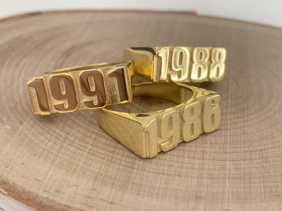 Custom Ring 14k Gold, Personalized Year Ring, Stackable Date Ring ...