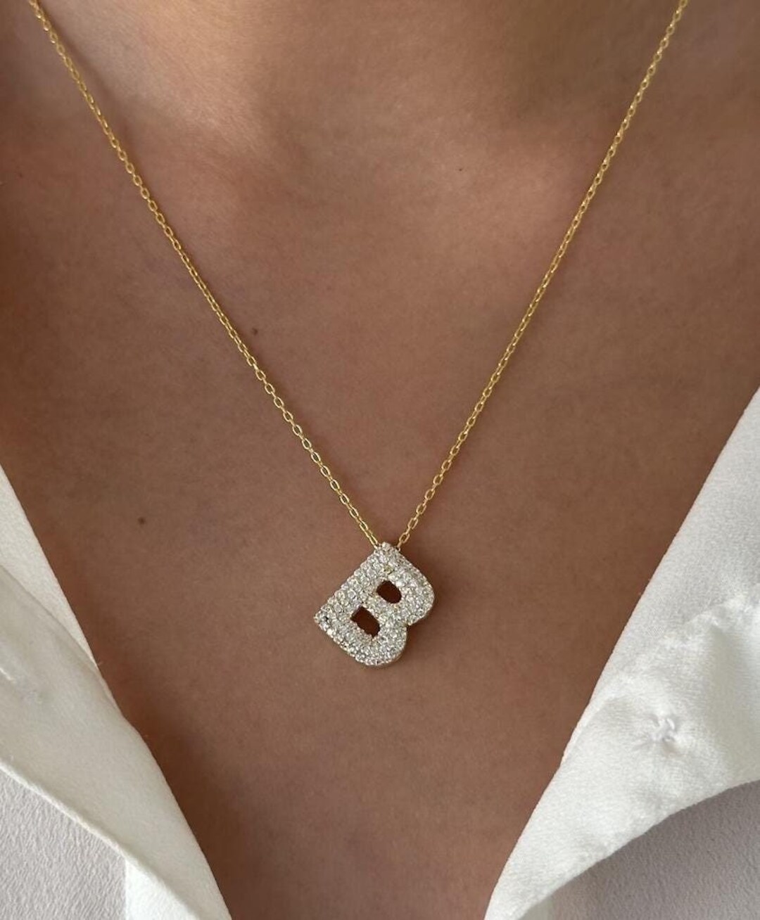 Bubble Letter Necklace, Custom Initial Pendant, Diamond Necklace, 14k ...